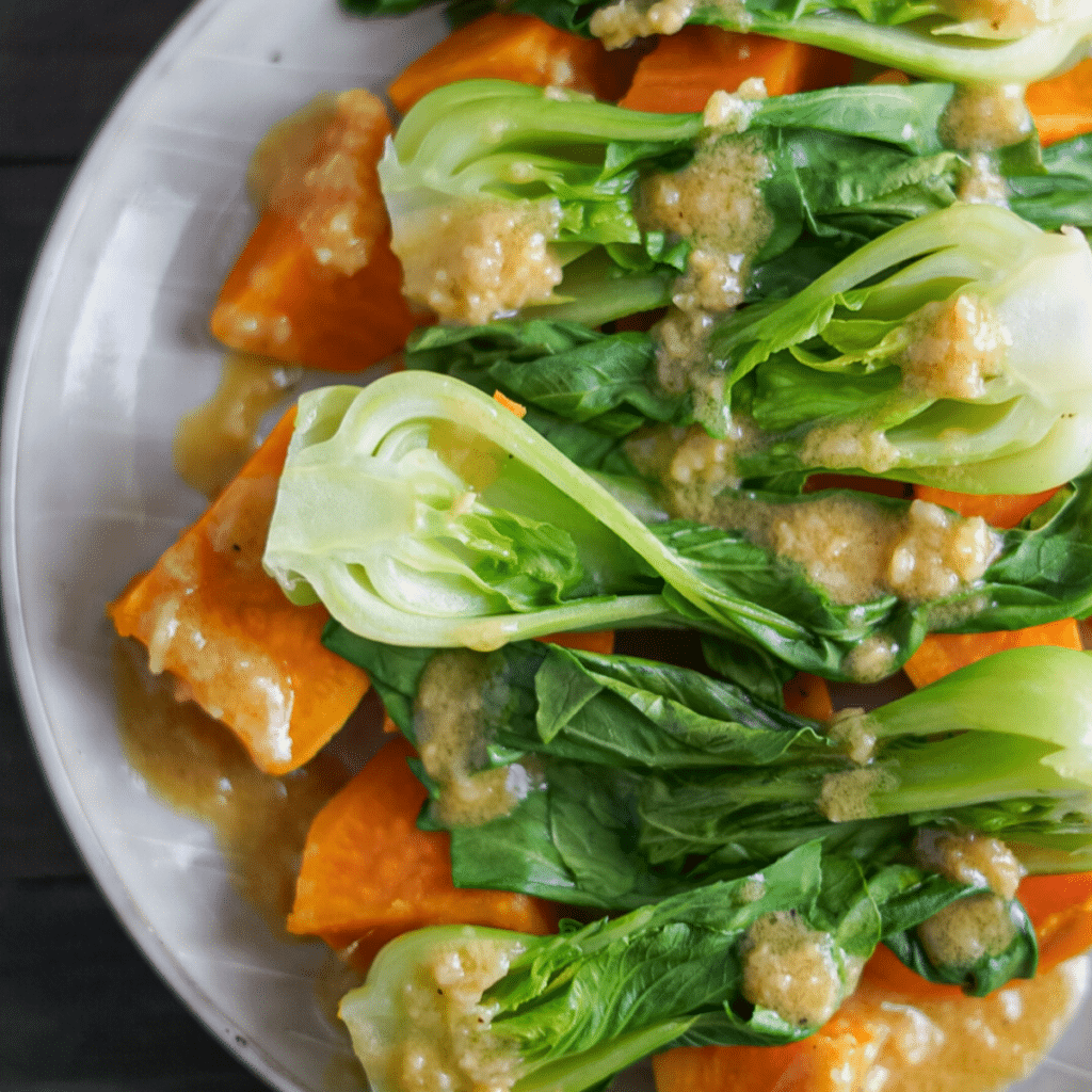 Sweet Potato and Baby Bok Choy with Ginger Miso Dressing - Hungry Happy ...