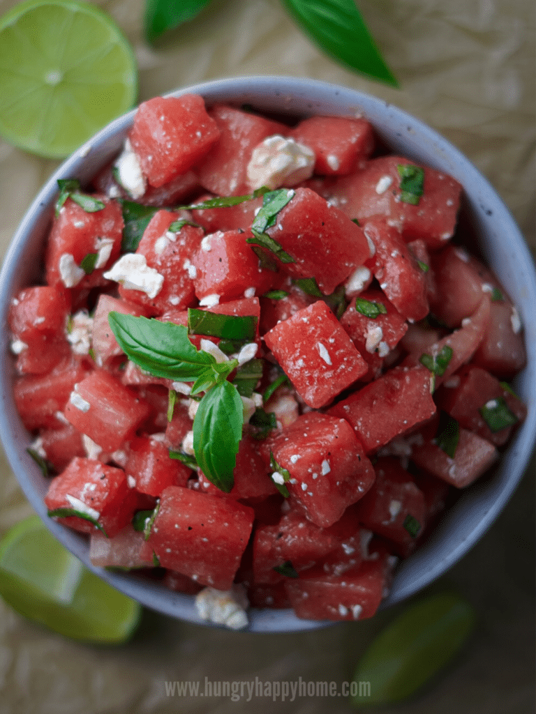 Watermelon Basil Salad with Feta - Hungry Happy Home